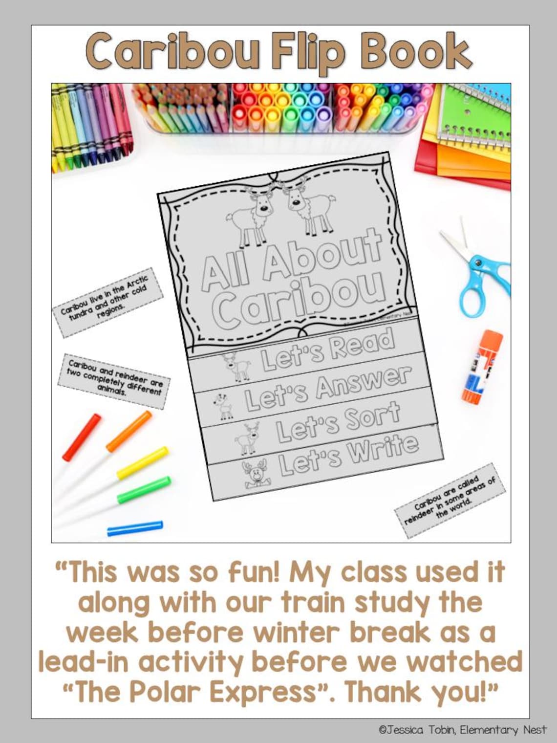 Caribou Reading and Writing Flip Book With Craft - Reindeer Activities ...