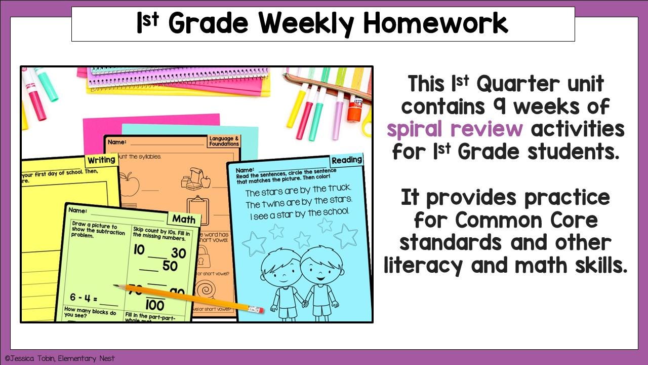 1st Quarter 1st Grade Homework With Folder Cover, ELA and Math Review ...