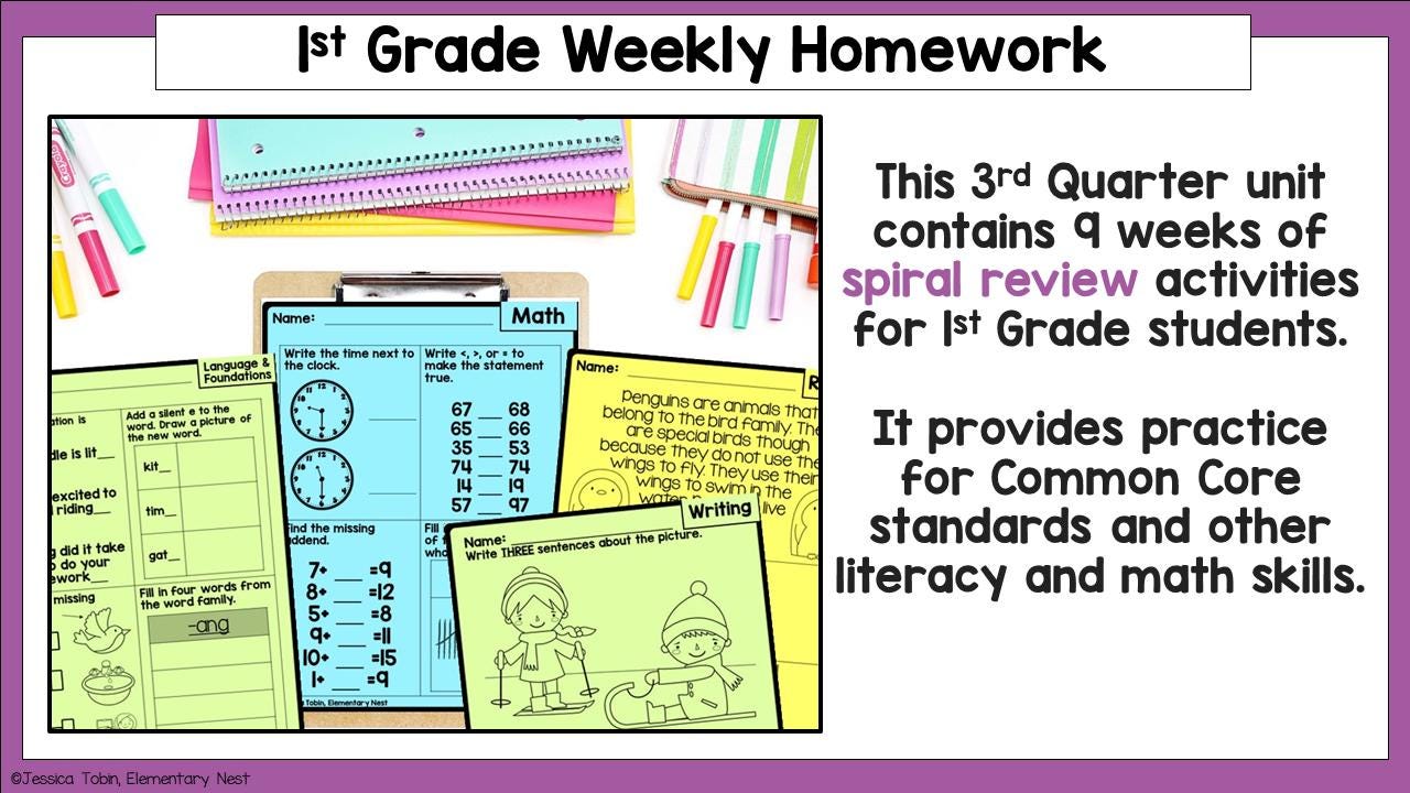 3rd Quarter 1st Grade Homework With Folder Cover, ELA and Math Review ...