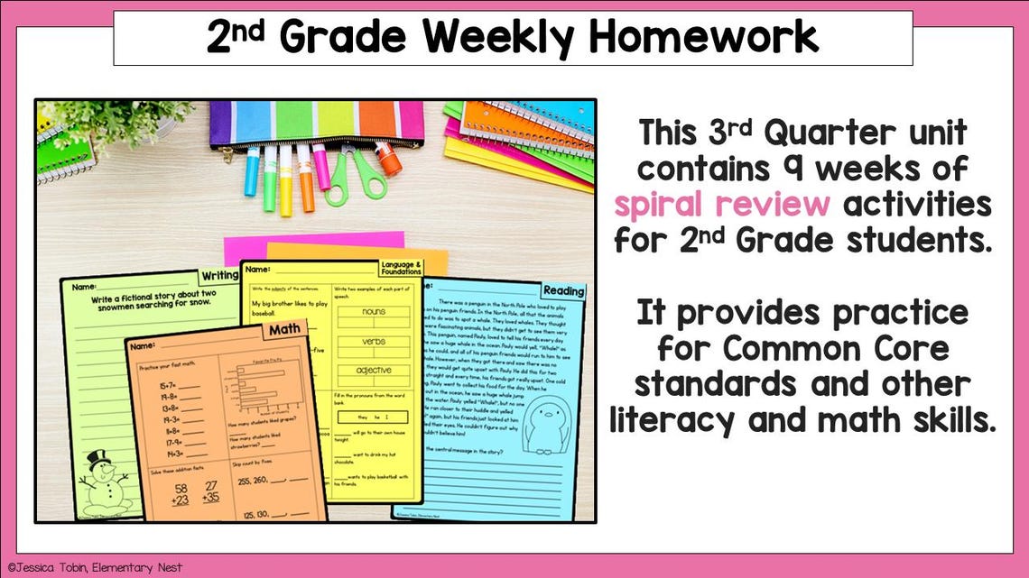 3rd Quarter 2nd Grade Homework With Folder Cover, ELA and Math Review ...