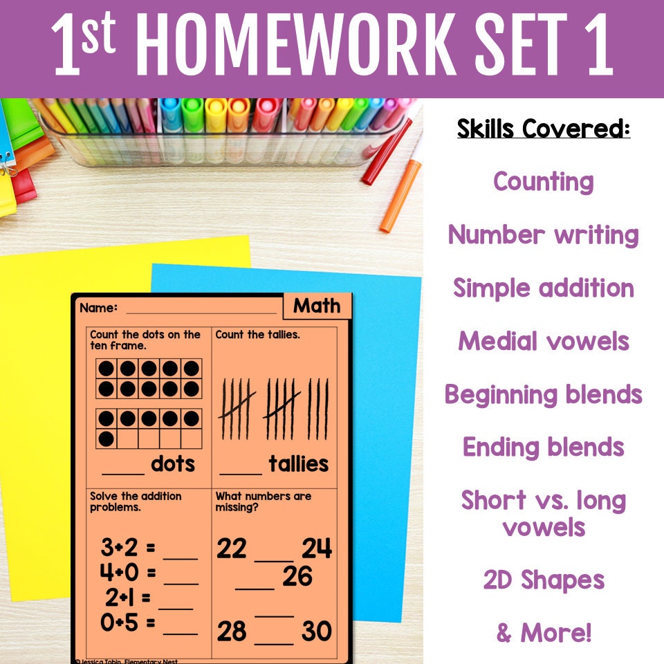 1st Quarter 1st Grade Homework With Folder Cover, ELA and Math Review ...