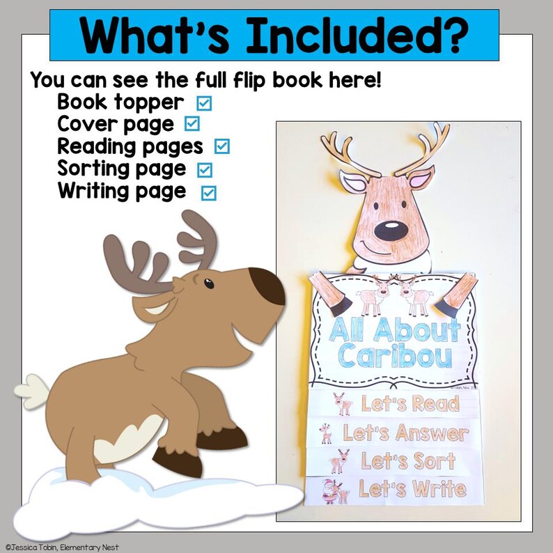 Caribou Reading and Writing Flip Book With Craft - Reindeer Activities ...