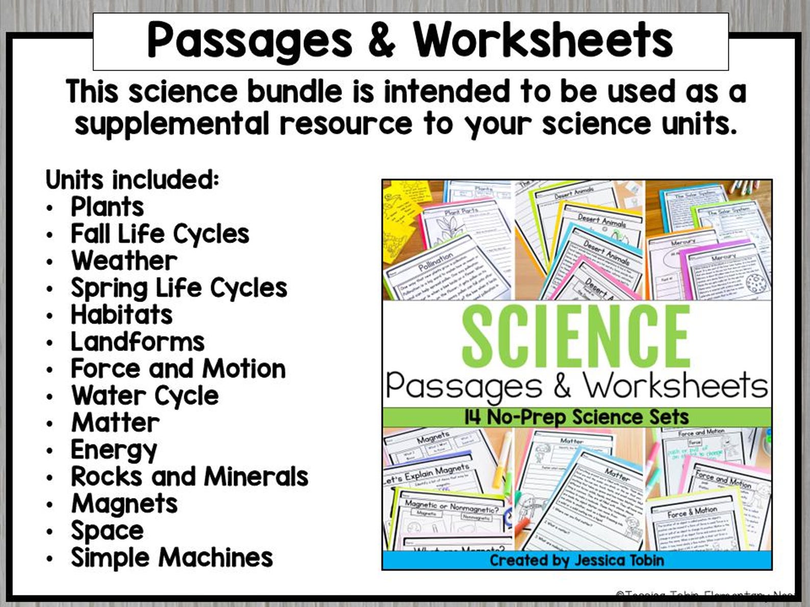 Science Worksheets Bundle: Reading Comprehension and Worksheets, Grades ...