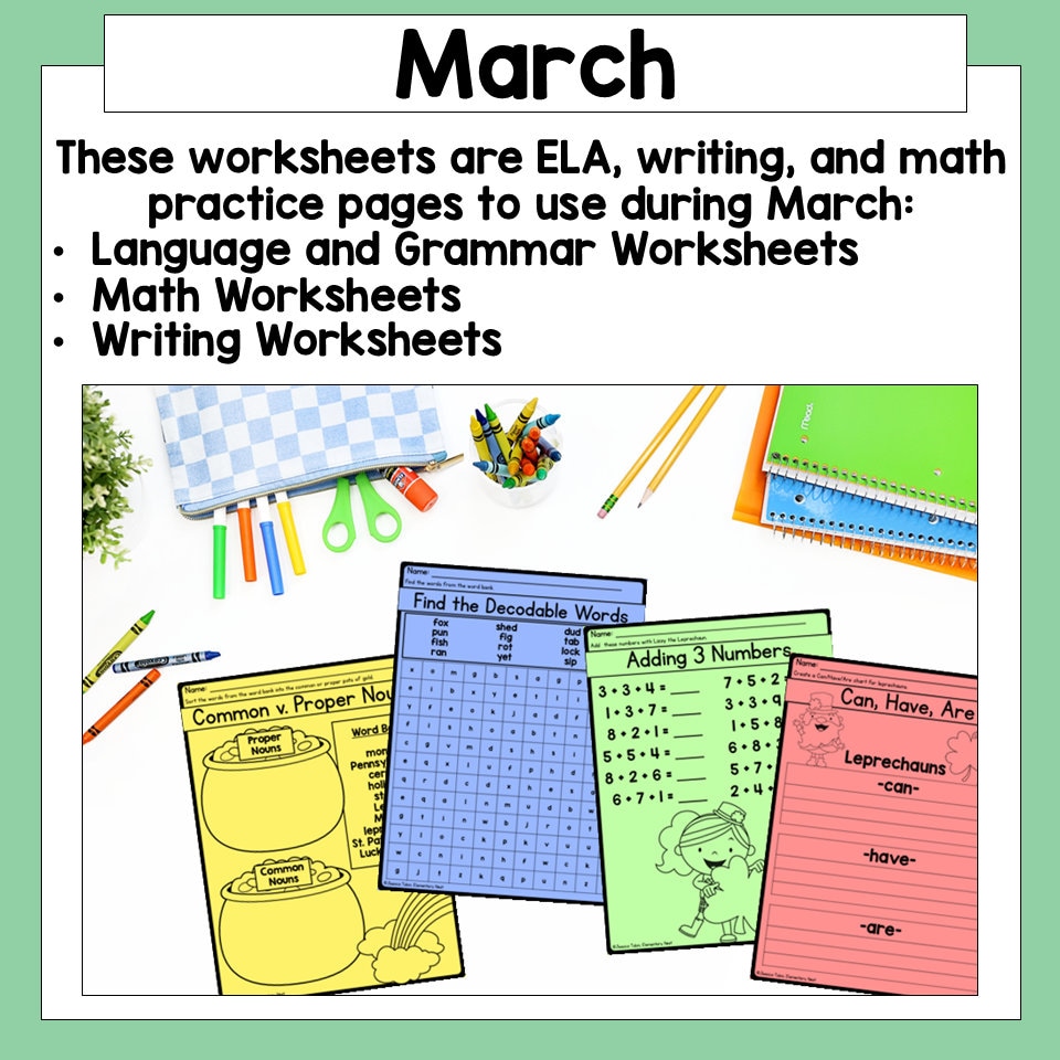 March Math, Writing, Language Worksheets - St. Patrick's Day Word ...