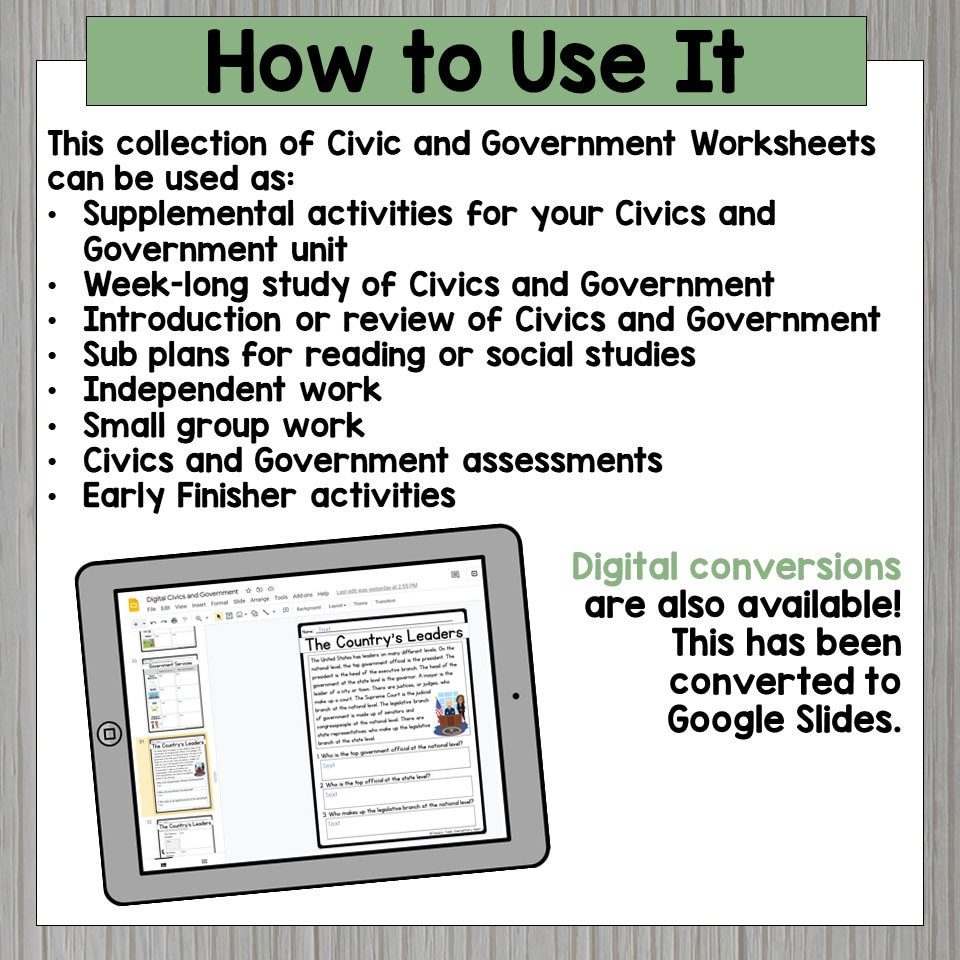 Civics & Government Worksheets: Social Studies Reading Comprehension ...