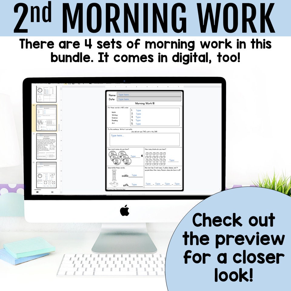 2nd Grade Morning Work - Math, Grammar, ELA Review Worksheets With ...