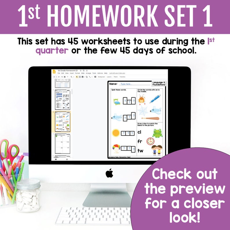 1st Quarter 1st Grade Homework With Folder Cover, ELA and Math Review Set 1 First Quarter First ...