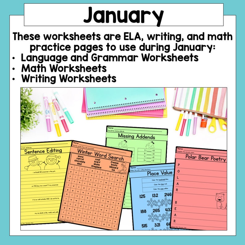 January Worksheets Math, Writing, Language - Winter Word Search ...
