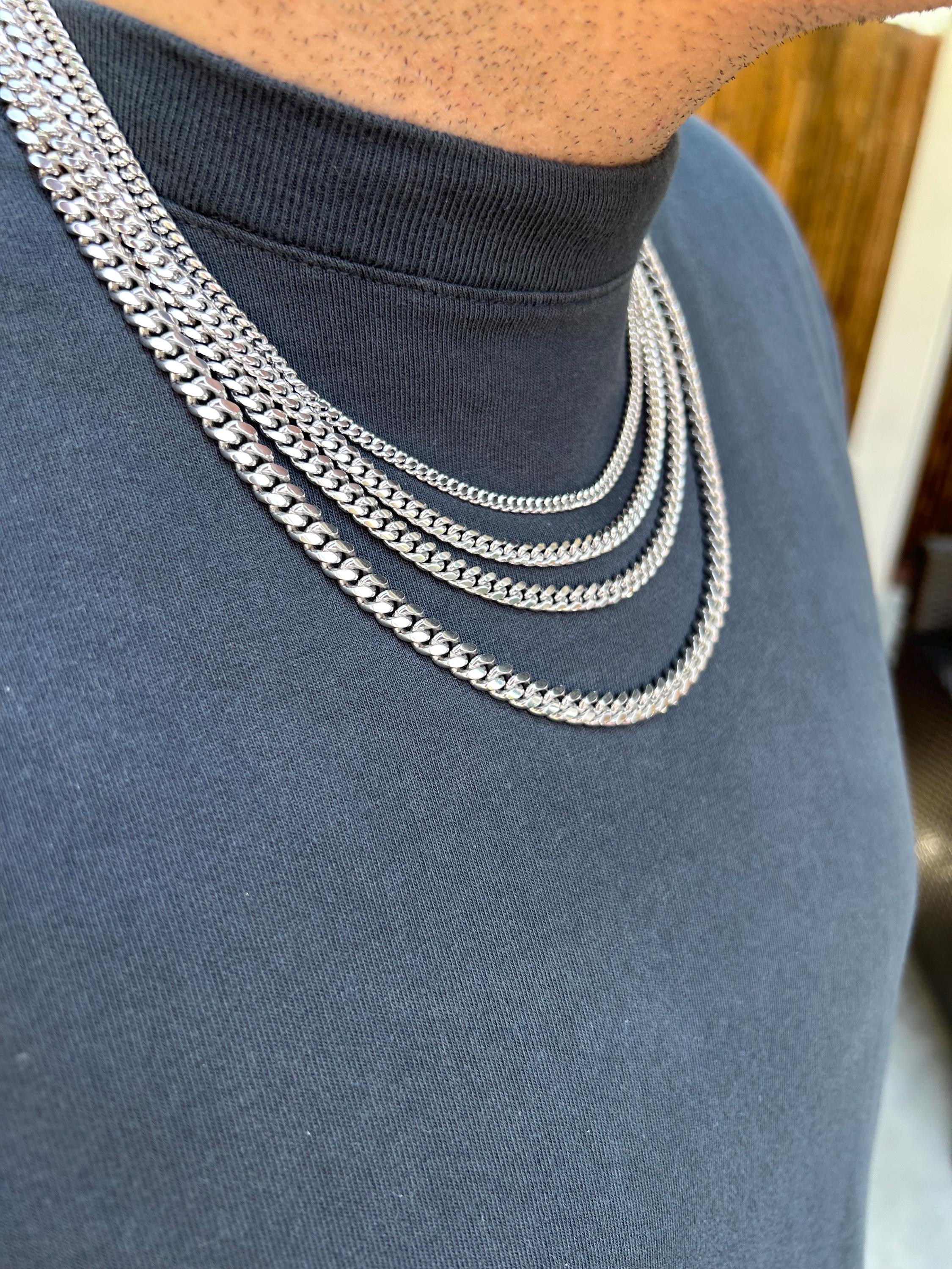 Solid Miami Cuban Necklace, 925 Sterling Silver, Rhodium Plated, Silver ...