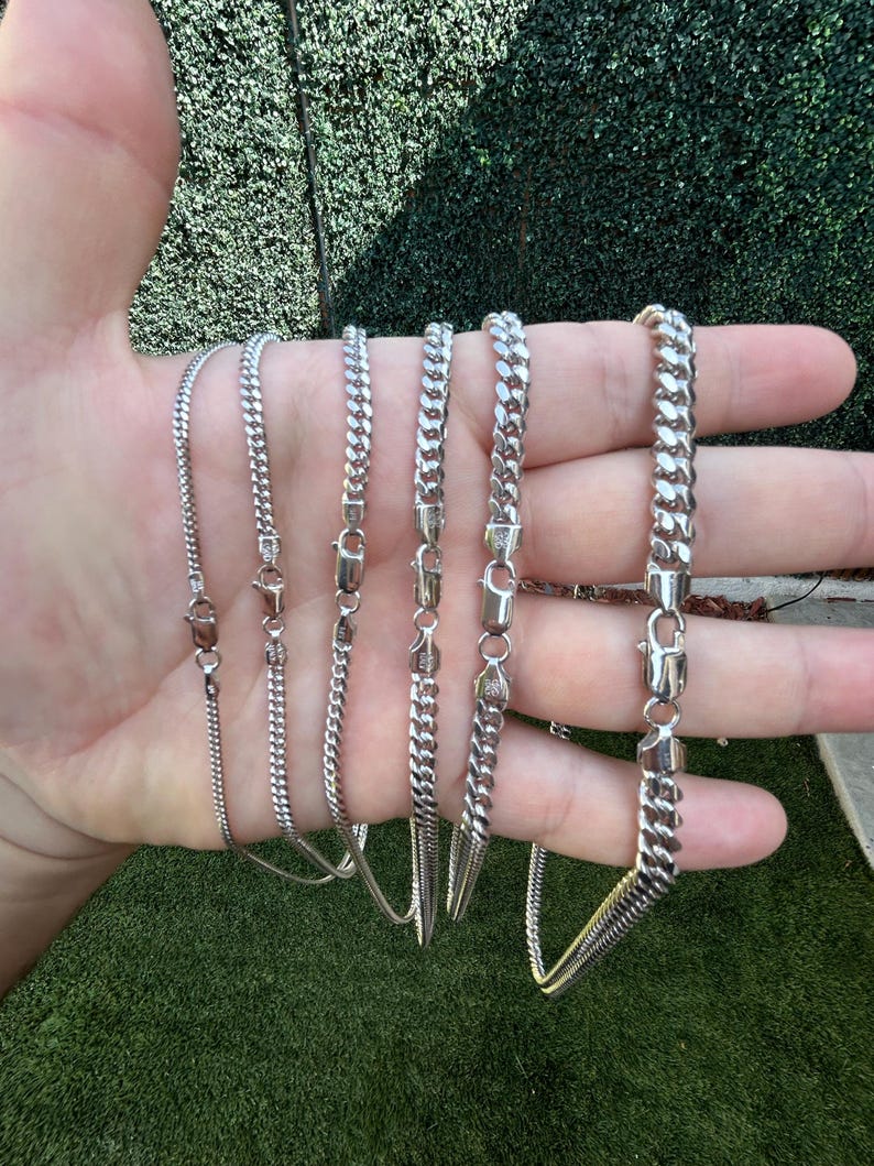 Solid Miami Cuban Necklace, 925 Sterling Silver, Rhodium Plated, Silver ...