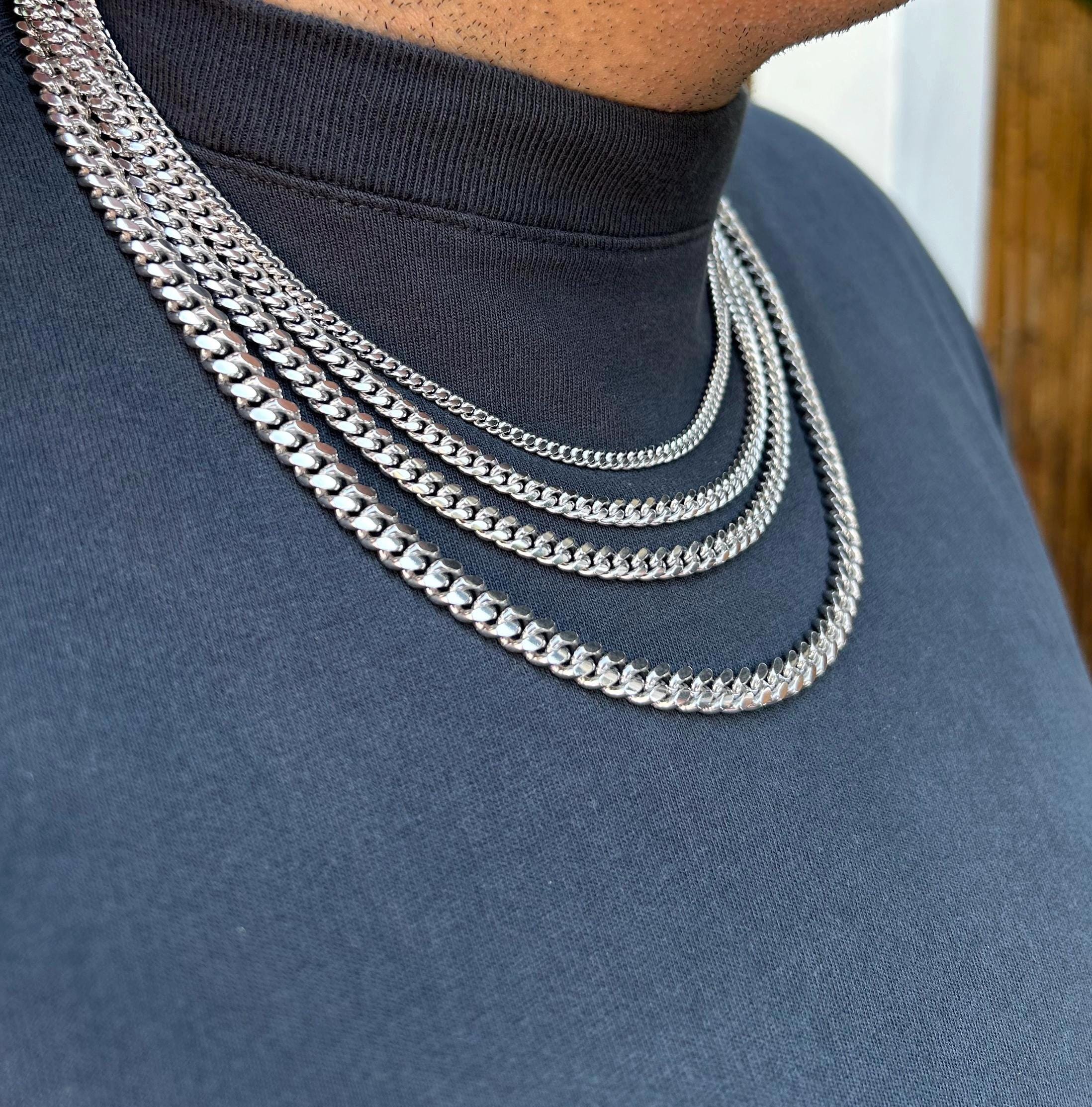 Solid Miami Cuban Necklace, 925 Sterling Silver, Rhodium Plated, Silver ...
