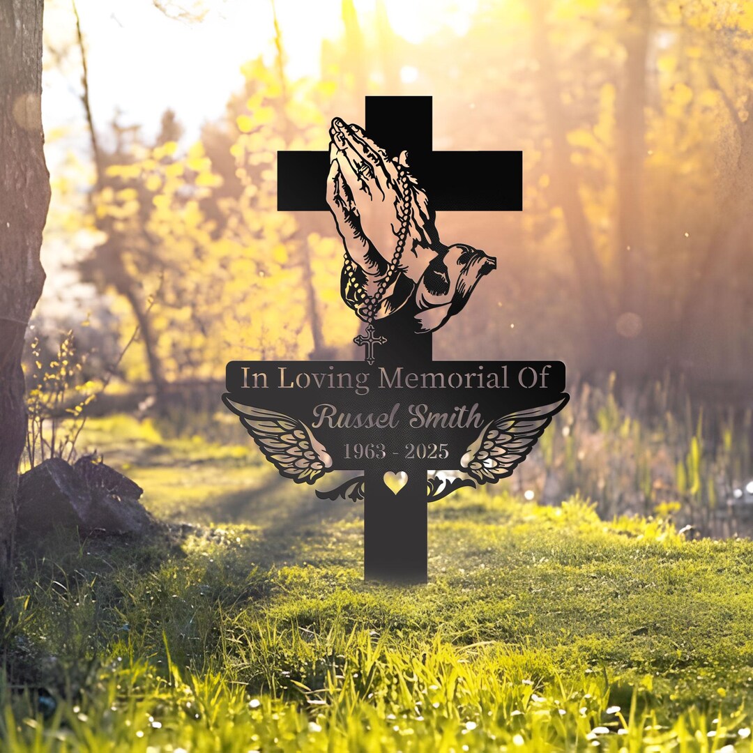 Personalized Memorial Cross With Praying Hands - Sympathy Grave Marker ...