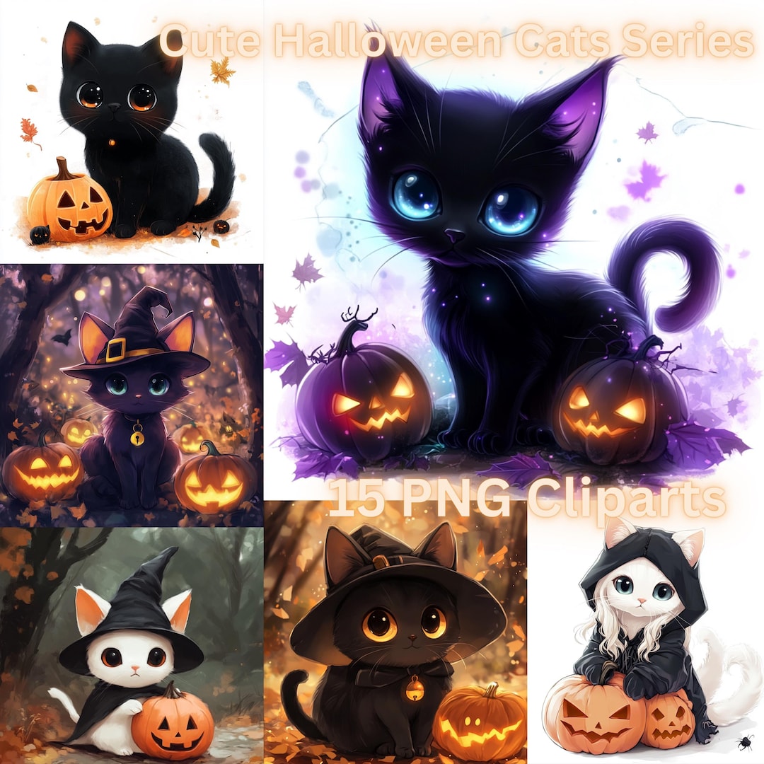 Cute Halloween Clipart, Cute Halloween Cat Clipart, Cute Cat, Kitten ...