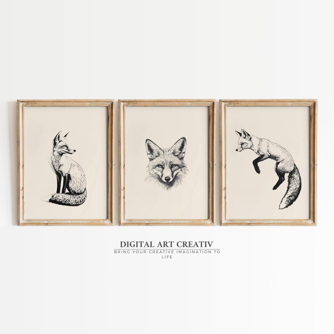 Set 3 Vintage Fox Print Wall Art | 3 Printable Sketches for Rustic Wall ...