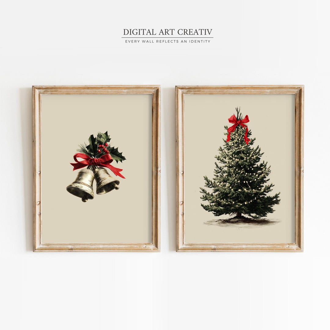 Set of 2 Vintage Christmas Tree & Bell Printable Wall Art | Retro ...