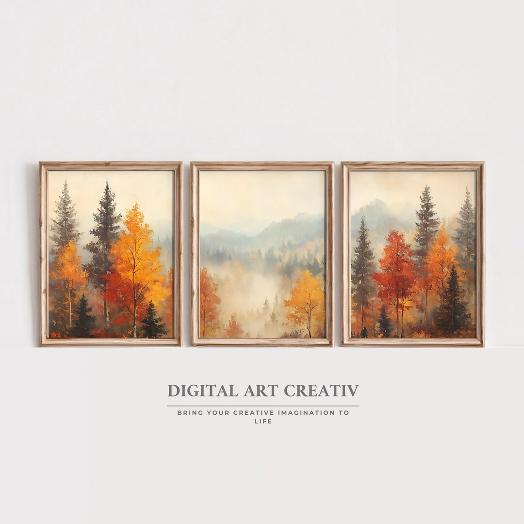 Autumn Pine Trees Printable Wall Art Set | Fall Forest Landscape Wall ...