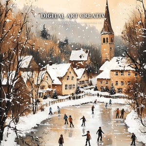 Winter Town Printable Wall Art | Ice Skating Winter Town Print for ...