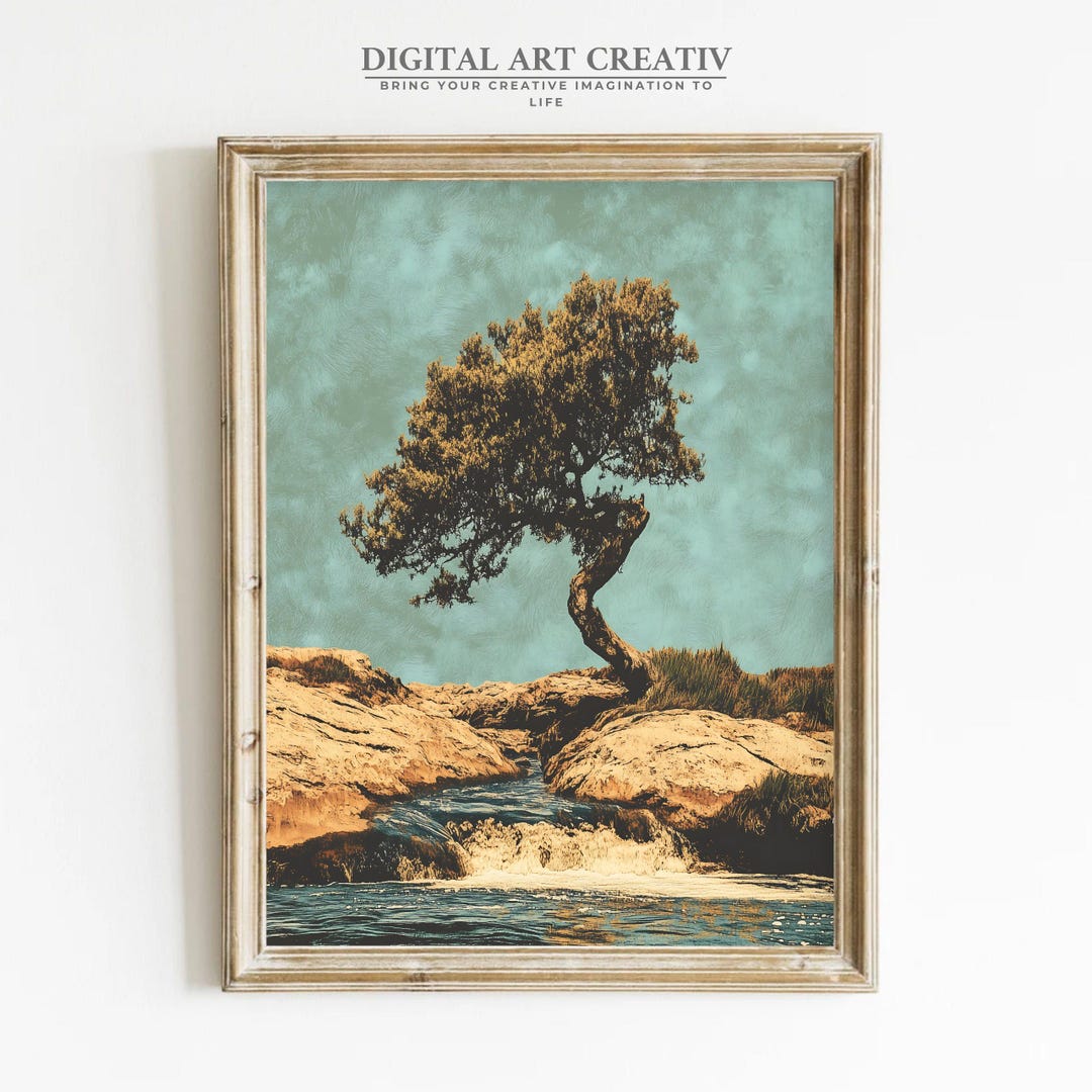 Printable Landscape Wall Art | Rustic Tree Painting | Vintage Landscape ...
