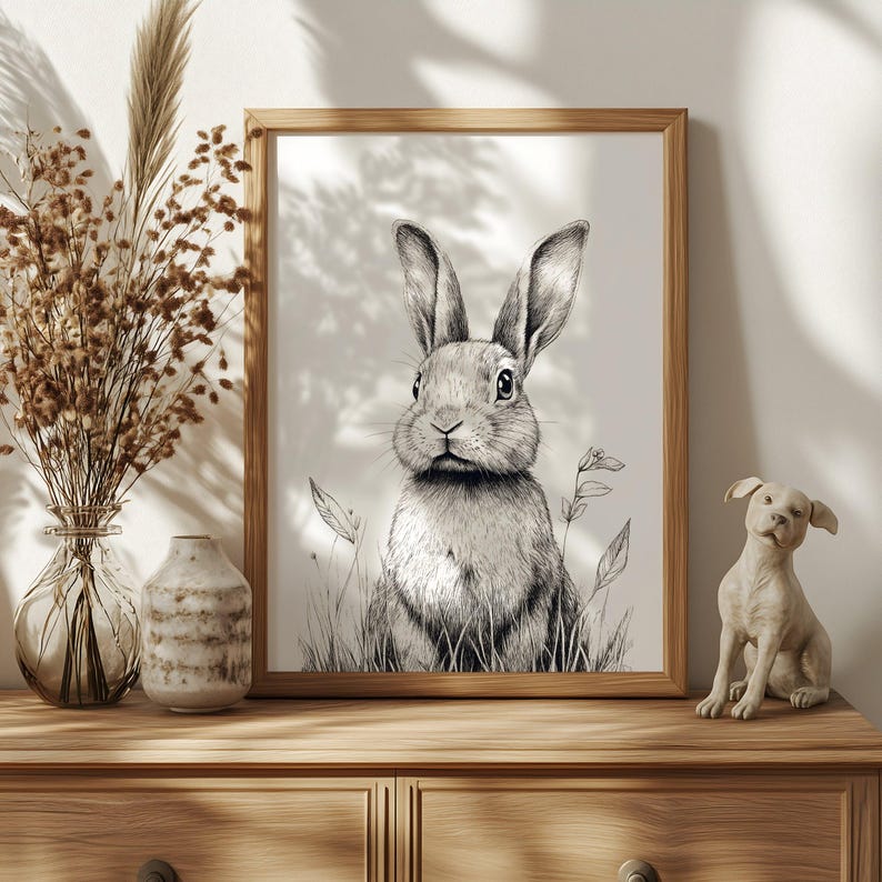 Sketch Rabbit Print | Printable Rabbit Drawing | Farmhouse Wall Decor ...