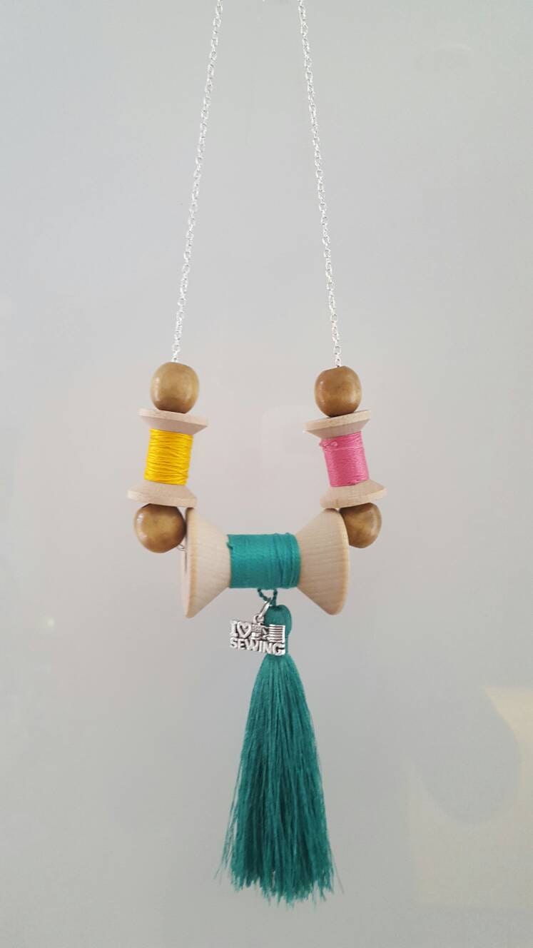 Thread Spool Necklace, Wood Necklace, Wood Jewelry, Sewing Necklace ...