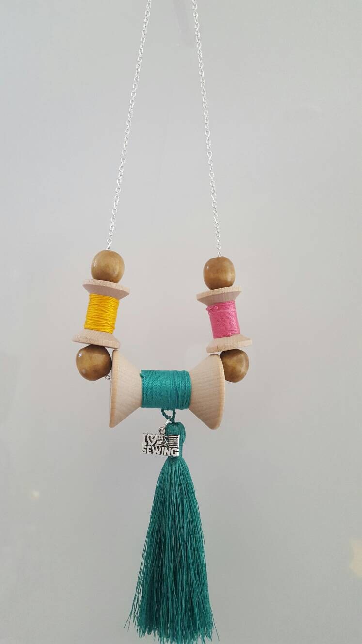 Thread Spool Necklace, Wood Necklace, Wood Jewelry, Sewing Necklace ...