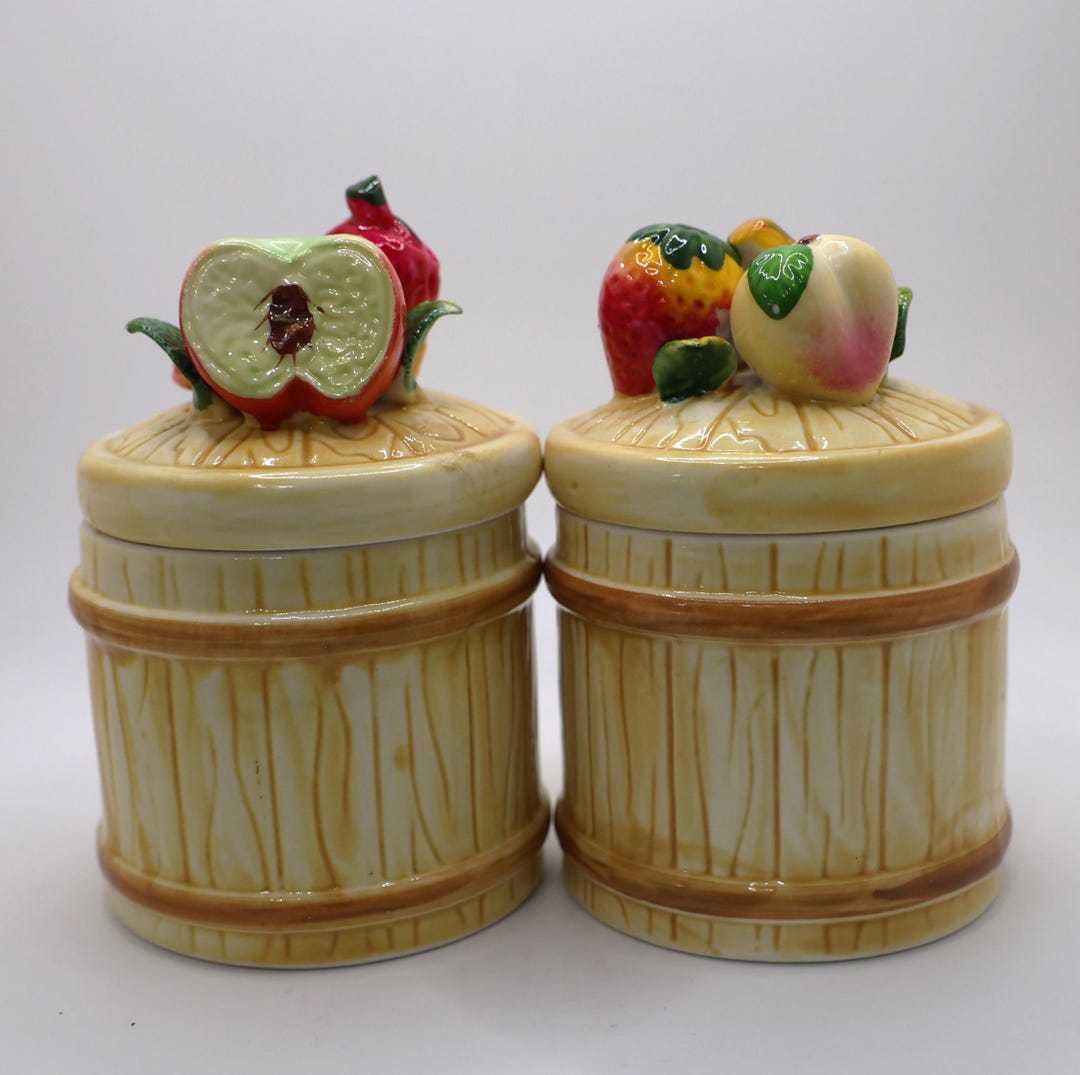 Pretty Set of Two Fruit Topped Barrel Style Condiment Jars - Etsy