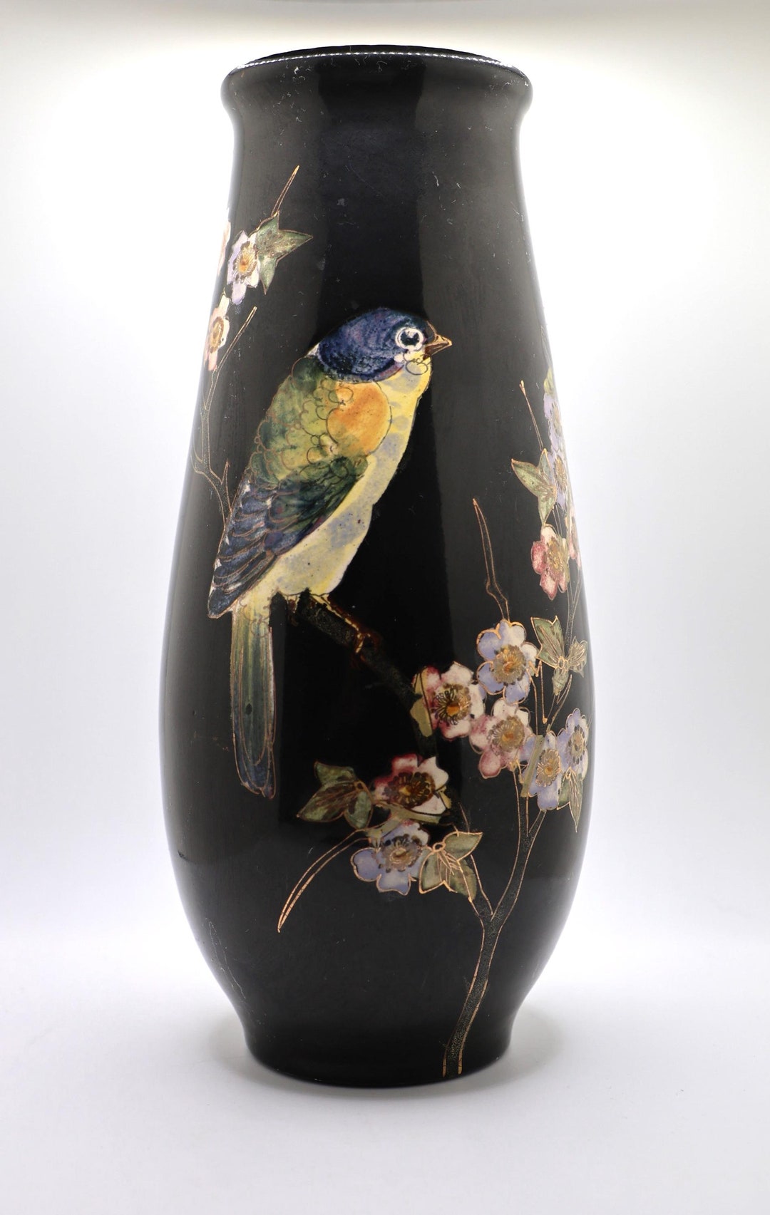 Bretby England Vintage Black Vase With Hand Painted Flowers and Bird - Etsy