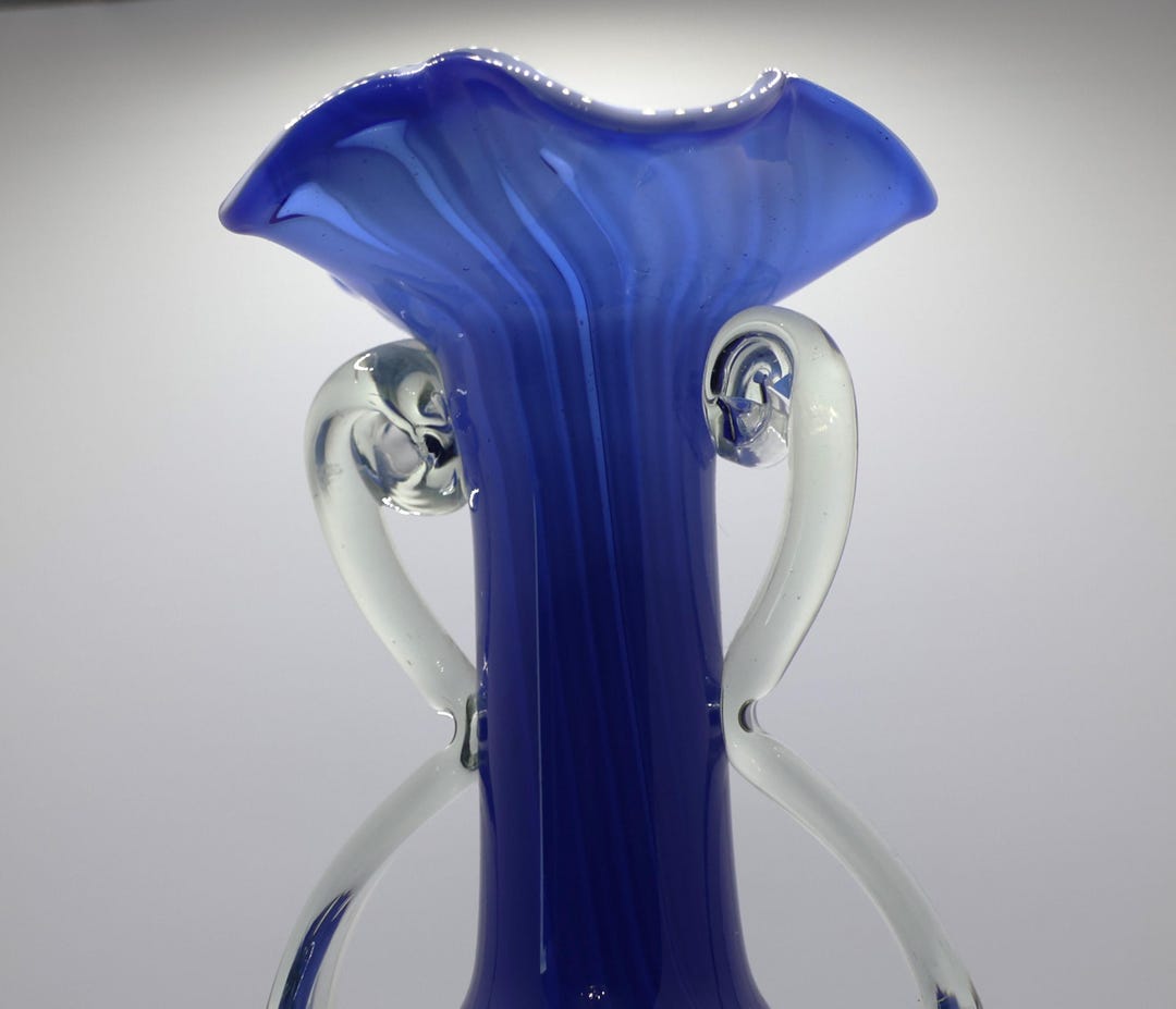 Royal Blue Glass Vase Swirl Pattern, White Interior With Applied ...