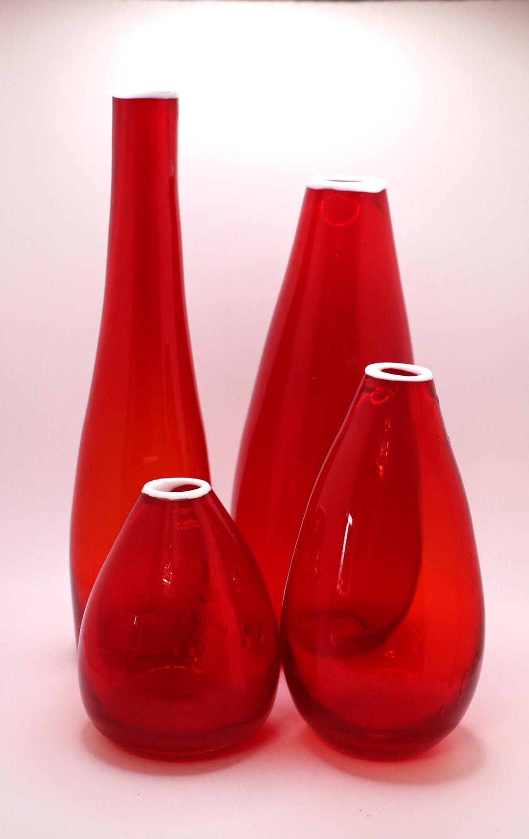Pretty Set of 4 Red Art Glass Vases With White 'lip Wrap' Trim - Etsy