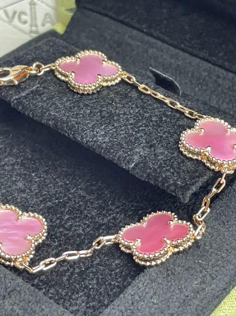 Van Cleef & Arpels 18k Gold Alhambra Pink Five Motif Chain Bracelet ...