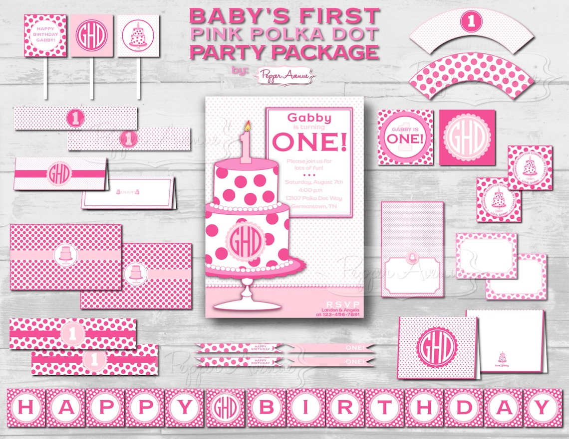 Pink Polka Dot Party Invitation Baby Girls 1st Birthday | Etsy