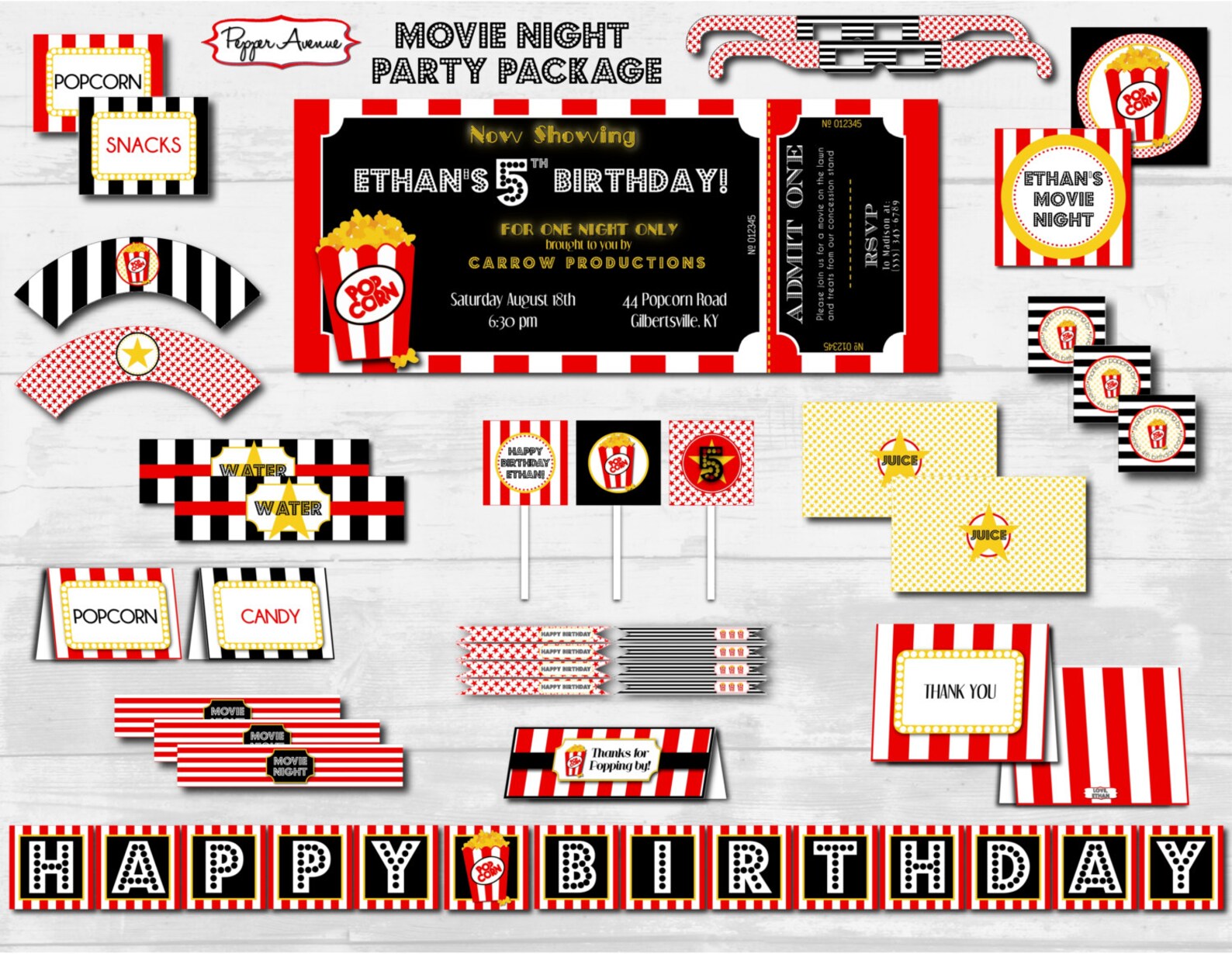 Movie Night Labels - INSTANT DOWNLOAD Food Labels or Drink Labels - Red ...