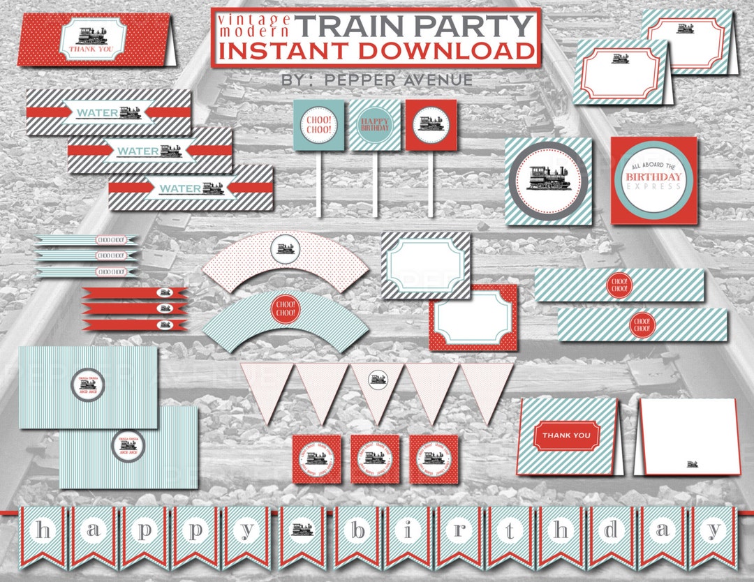 Vintage Modern Train Birthday Party Package - INSTANT DOWNLOAD ...