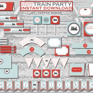 Vintage Modern Train Birthday Party Package - INSTANT DOWNLOAD ...