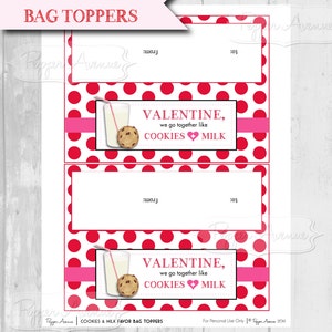 INSTANT DOWNLOAD - Valentine's Day Cookies & Milk Bag Toppers - Treat ...