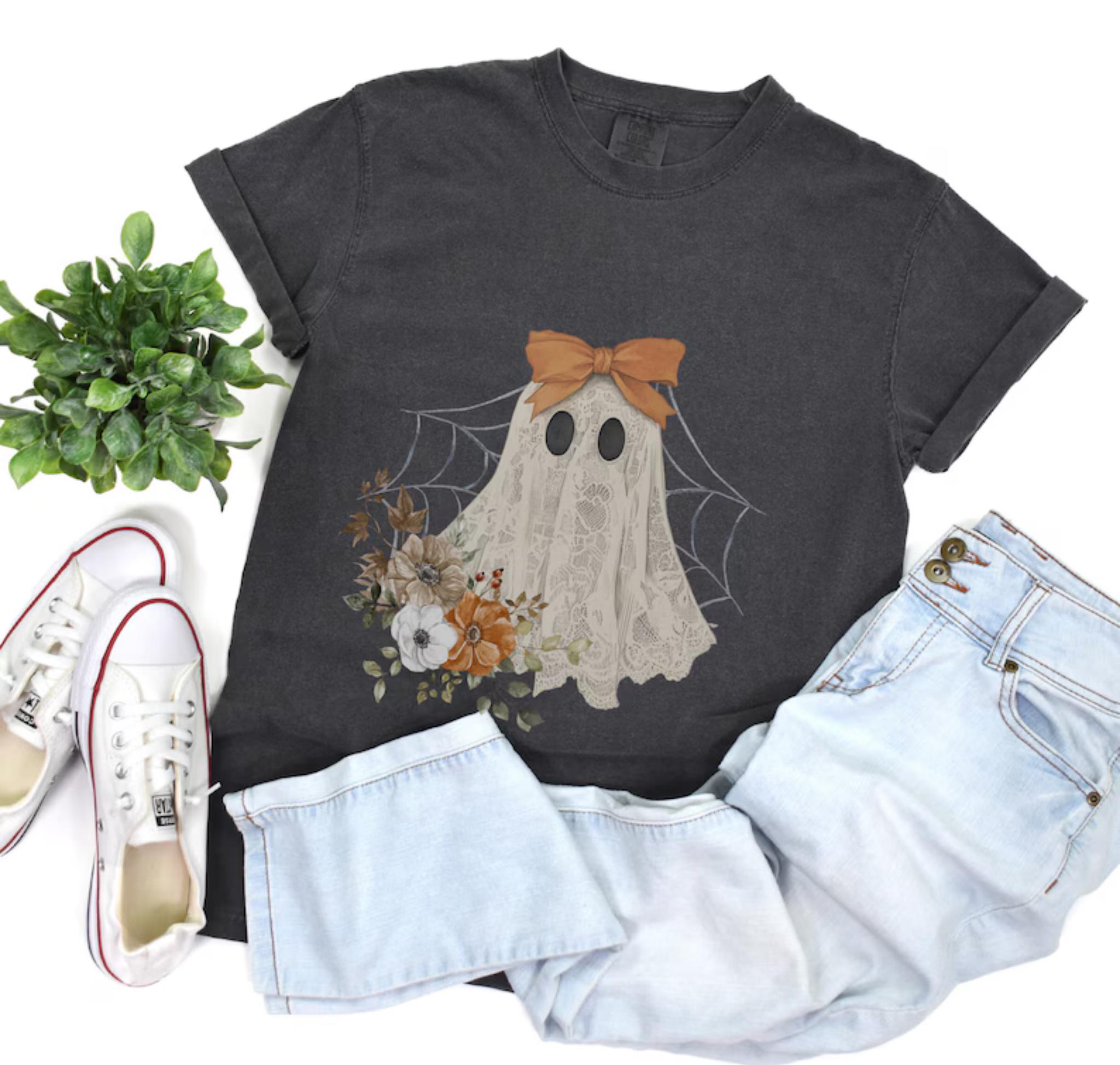 Halloween Lace Ghost T Shirt Spooky Coquette T-shirt Girly Ghost Orange ...