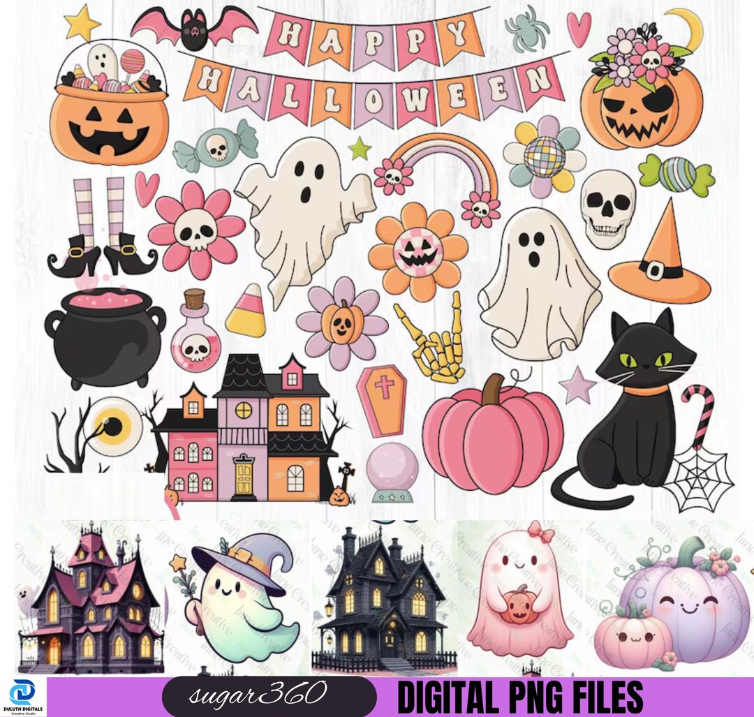 Retro Halloween Pink Clipart, Cute Groovy Halloween Clipart Spooky ...