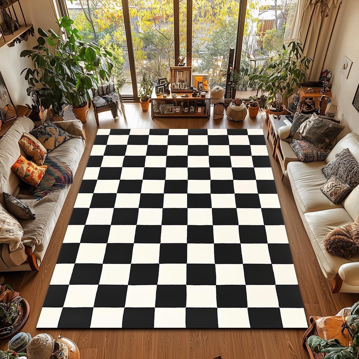 Checkered Area Rug, Black and White Chessboard Pattern, Modern Home ...