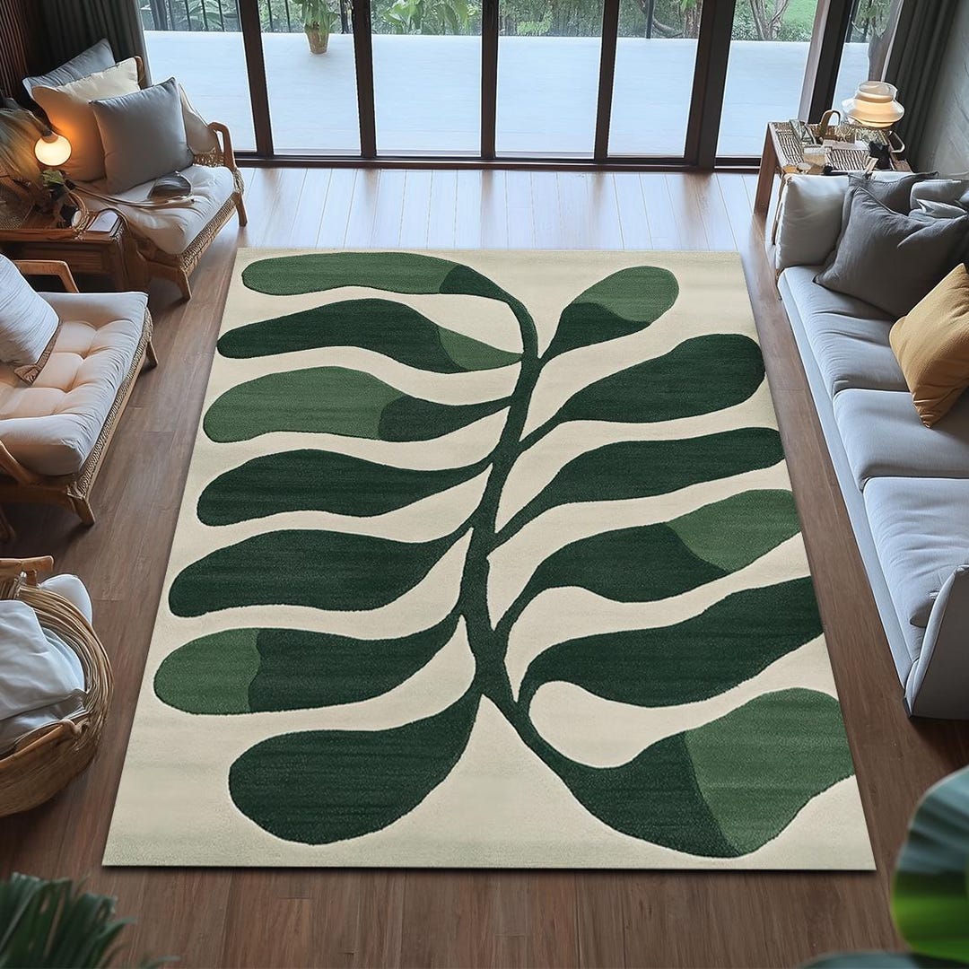 Scandinavian Green Leaf Area Rug - Botanical Minimalist Carpet ...