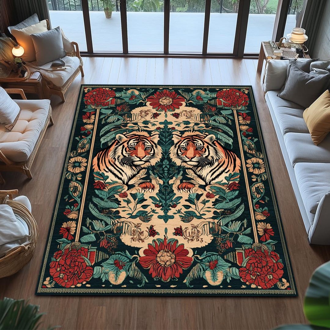Bengal Tiger Area Rug, Vibrant Persian Carpet With Jungle Leaves ...