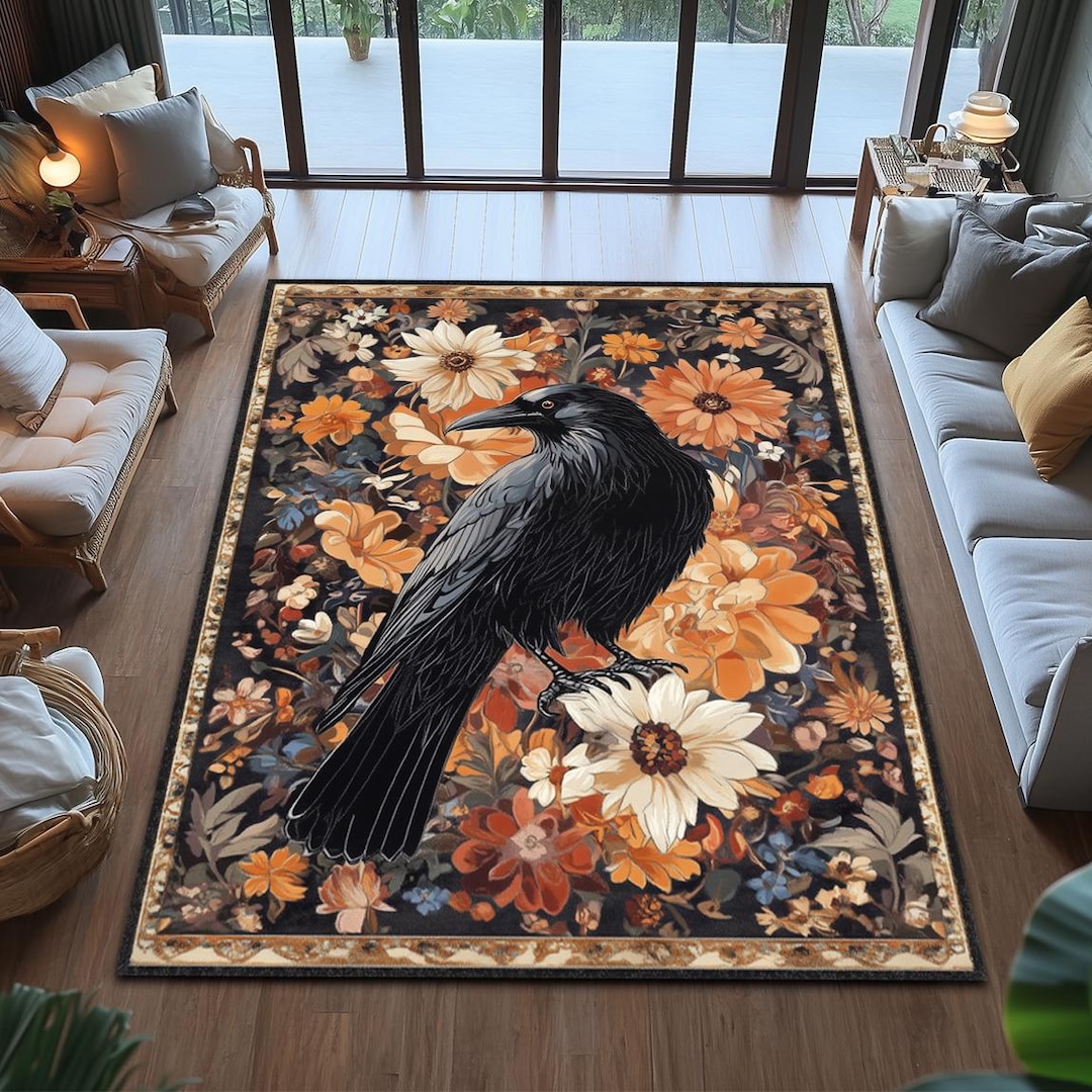 Raven Flower Rug, Raven Rug, Gothic Home Decor, Goth Crow Rug With Ankh ...