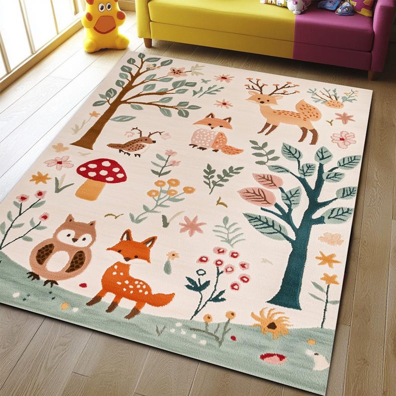 Fox Woodland Rug, Forest Animal Decor, Nature Inspired Area Rug ...