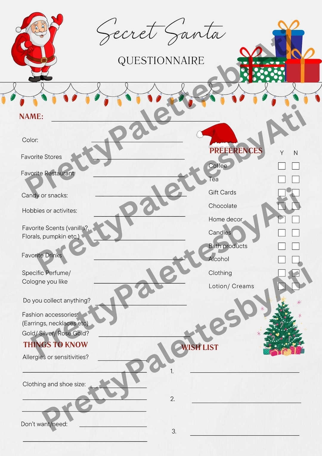 Secret Santa Questionnaire Printable | Christmas Wish List | Christmas ...