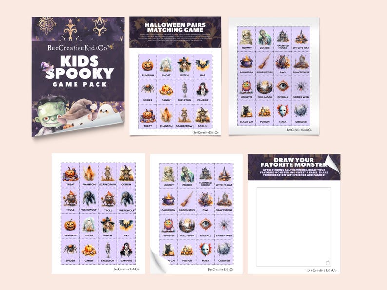 Kids Halloween Printable Game Pack Word Search, Draw a Monster ...