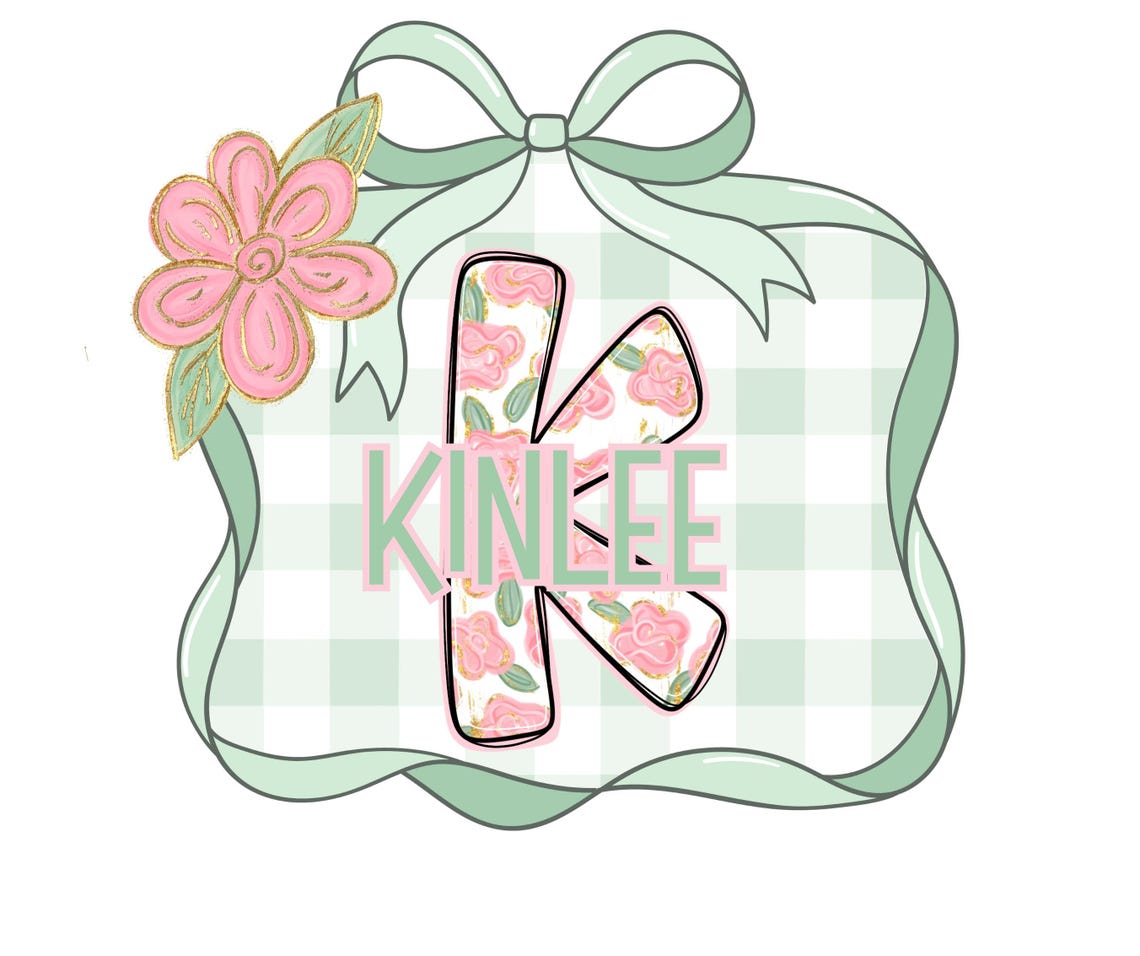 Custom Monogram PNG: Pink & Green Roses, Bows, Initials (digital ...