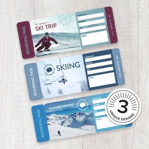 Skiing & Snowboarding Printable Surprise Trip Tickets - Vacation Ticket ...