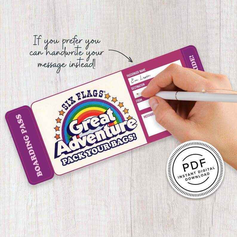 Six Flags Printable Surprise Trip Tickets Vacation Ticket | Etsy