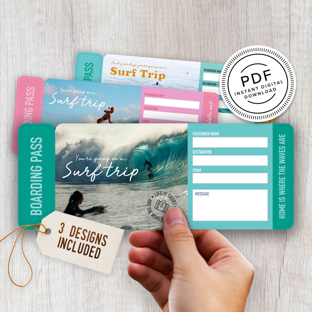 Surf Trip Printable Surprise Trip Tickets - Vacation Ticket - Boarding ...