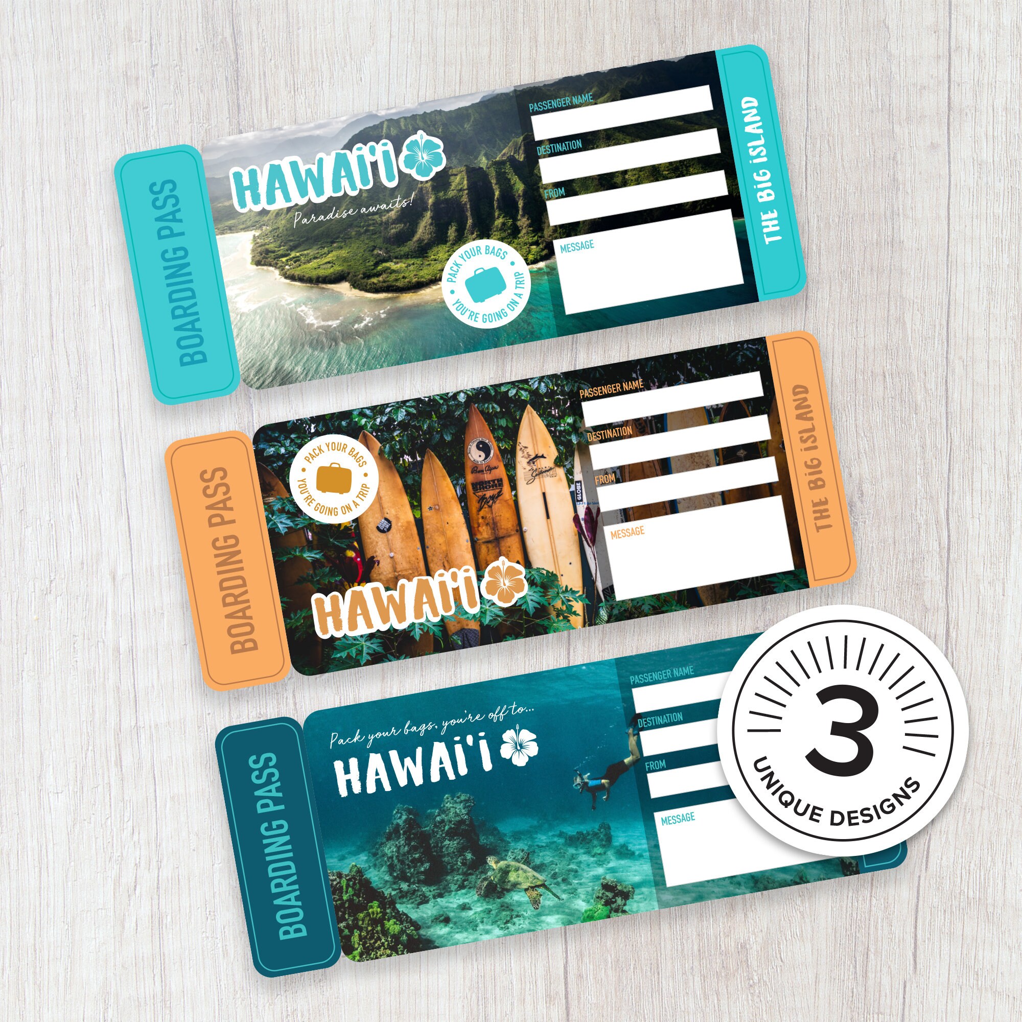 Hawaii Printable Surprise Trip Tickets - Vacation Ticket - Boarding ...