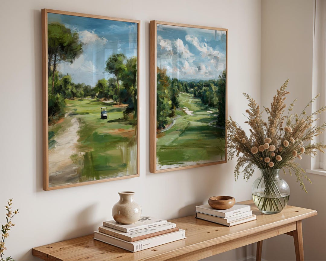 Golf Art Set | Abstract Golf Cart & Golf Course Illustration | Modern ...